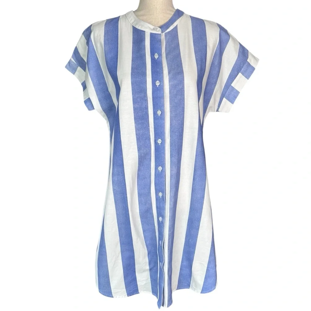 Mazik | Dresses | Mazik Cotton Linen Blend Striped Shirt Dress Blue ...